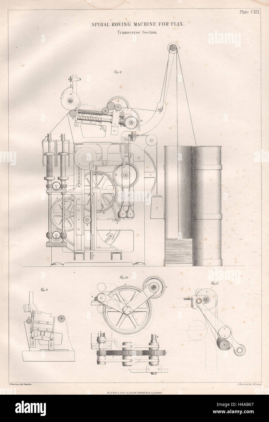 VICTORIAN ENGINEERING DRAWING. Spiral roving machine for flax, section ...