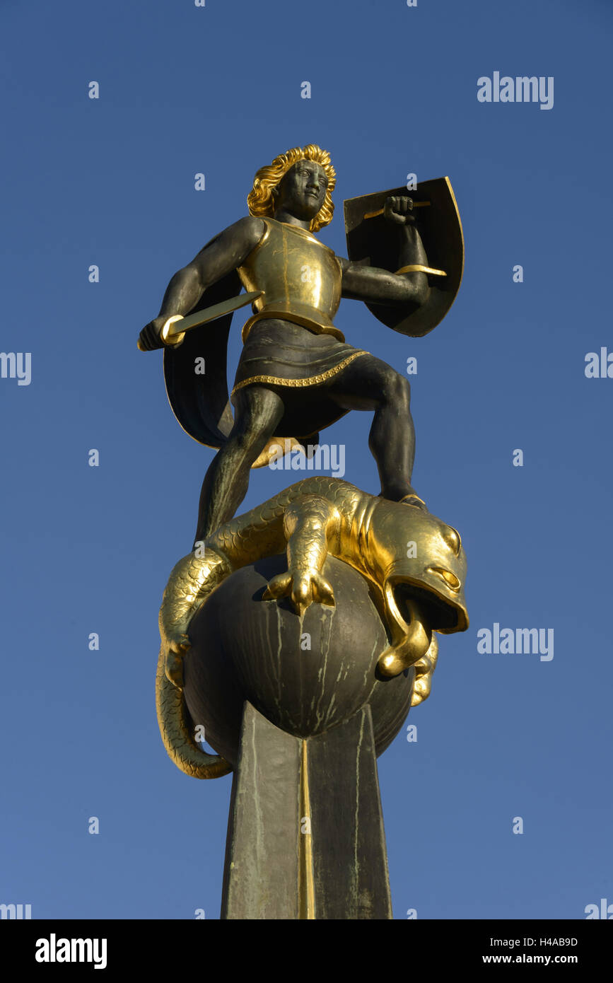 Speyer, city centre, Old Town, Maximilianstrasse, statue on piece ...