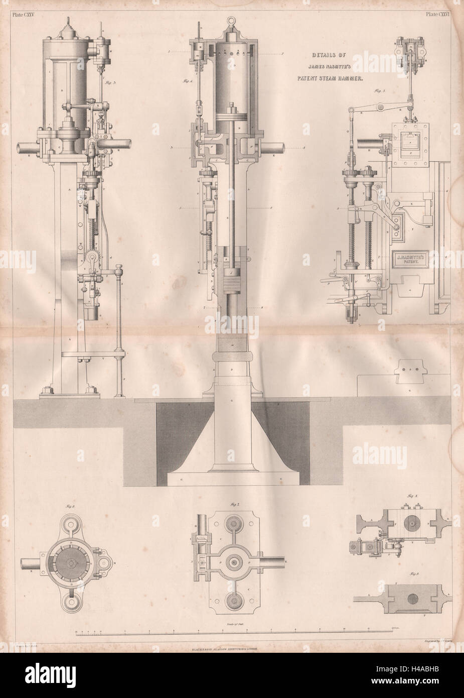 VICTORIAN ENGINEERING DRAWING. James Nasmyth's patent steam hammer ...