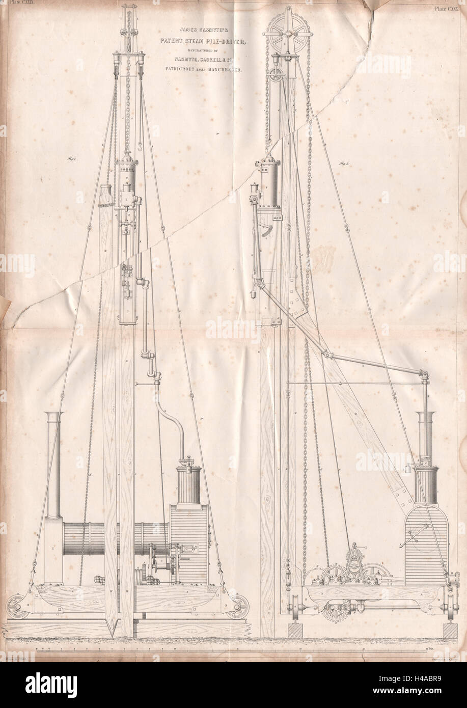 19C ENGINEERING DRAWING. James Nasmyth's patent steam pile-driver 1847 ...