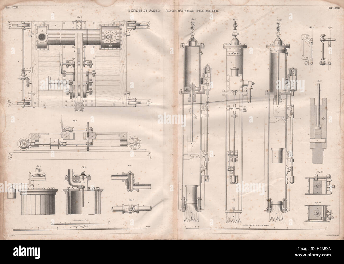 VICTORIAN ENGINEERING DRAWING. James Nasmyth's steam pile driver ...