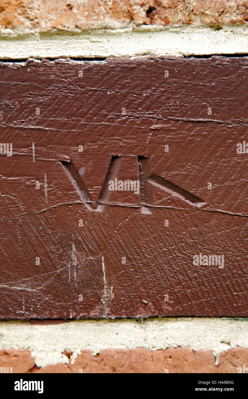 Half-timbered, wooden, inscription, carved, medium close-up Stock Photo ...