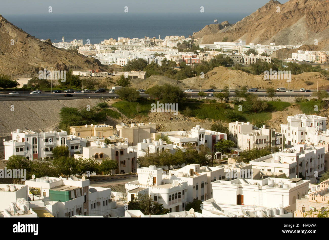 Oman, Muscat, part of town of Darsayt by the sea and Ruwi Stock Photo ...