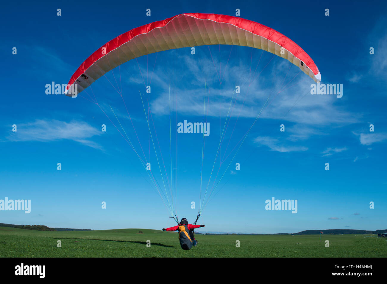 Paraglider, aviation, paragliding, blue sky, landing, old town, Bavaria ...