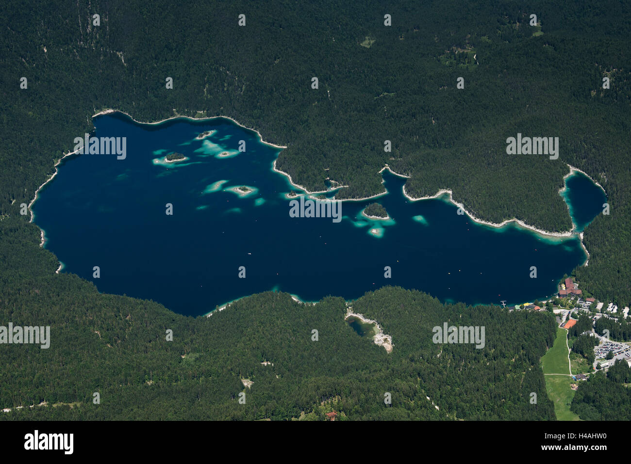 Eibsee, Lake Eibsee Hotel, Grainau, resort, tourism region, aerial ...