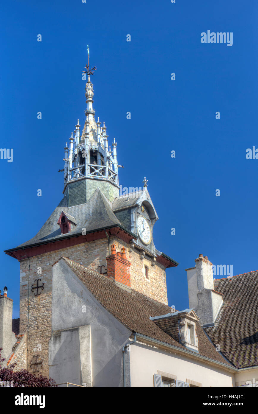 Belfry, clock tower, house facade, complex of buildings, Beaune ...