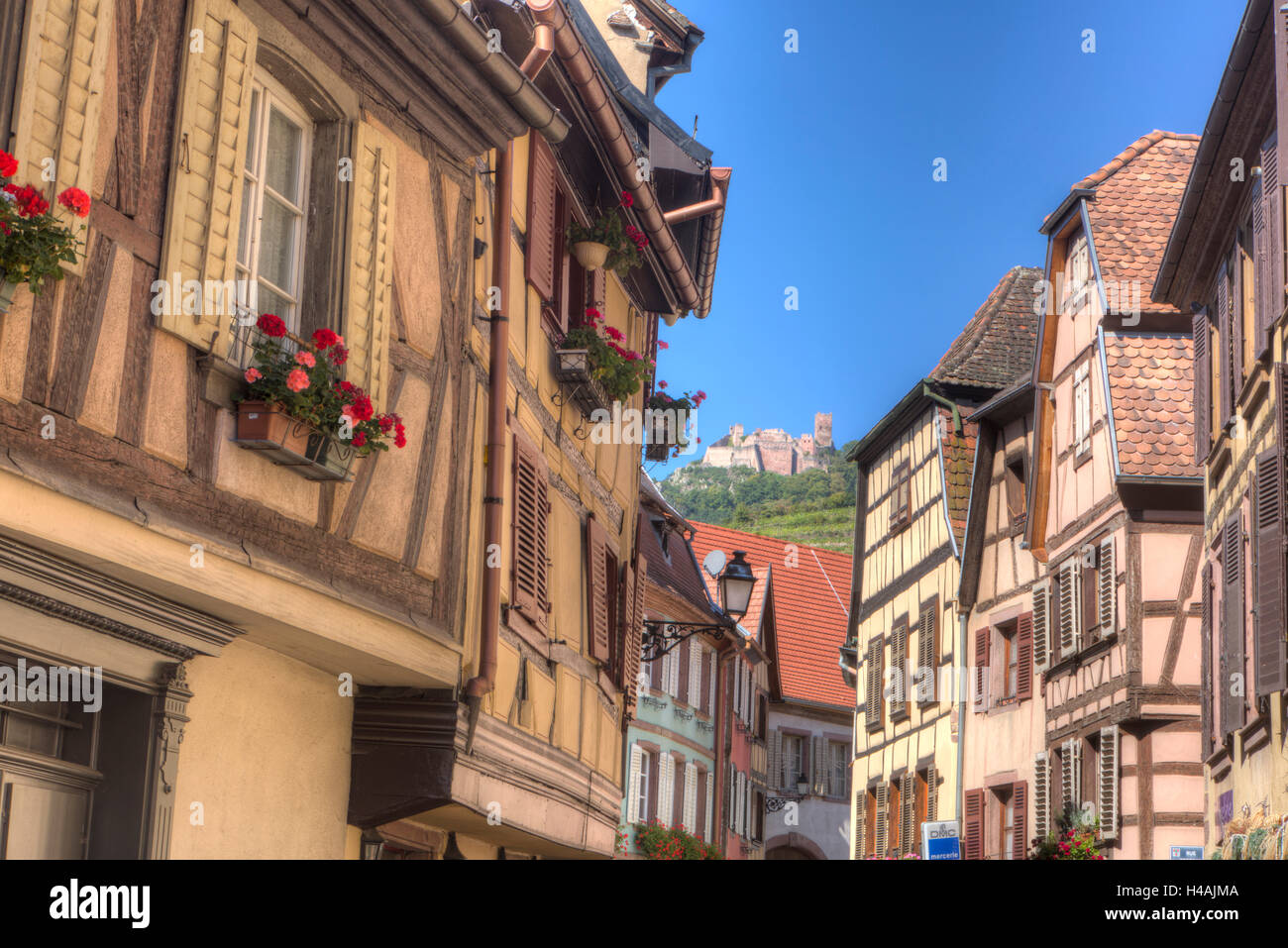 Townscape of Ribeauville with view at Château de Saint-Ulrich, Haut ...