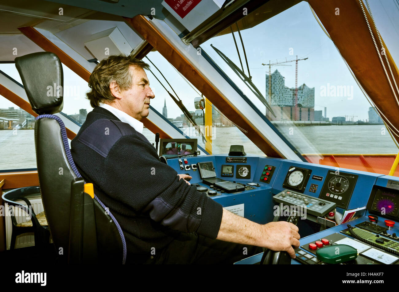 Germany, Hamburg, river Elbe, harbour, captain, ferry, harbour ferry ...