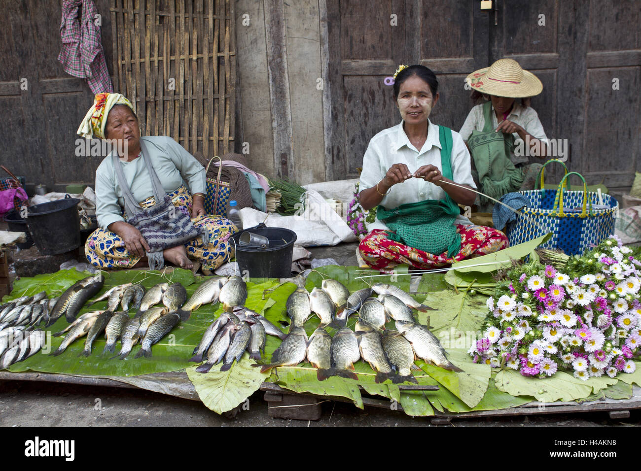 Myanmar, Shan state, region Inle lake, Samkar region, fish market Stock ...