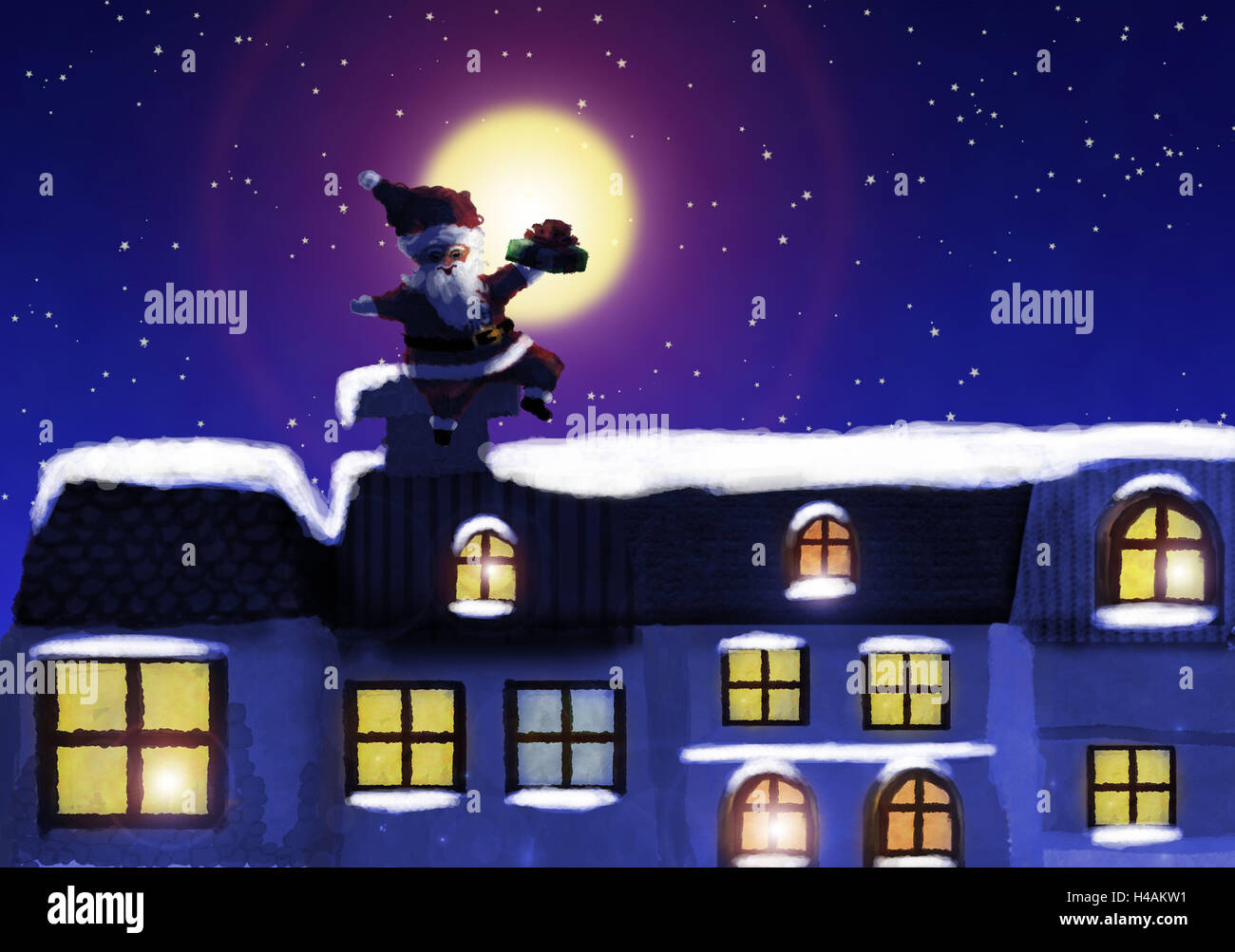 Illustration, houses, Santa, roof, sit, distribute present, evening ...