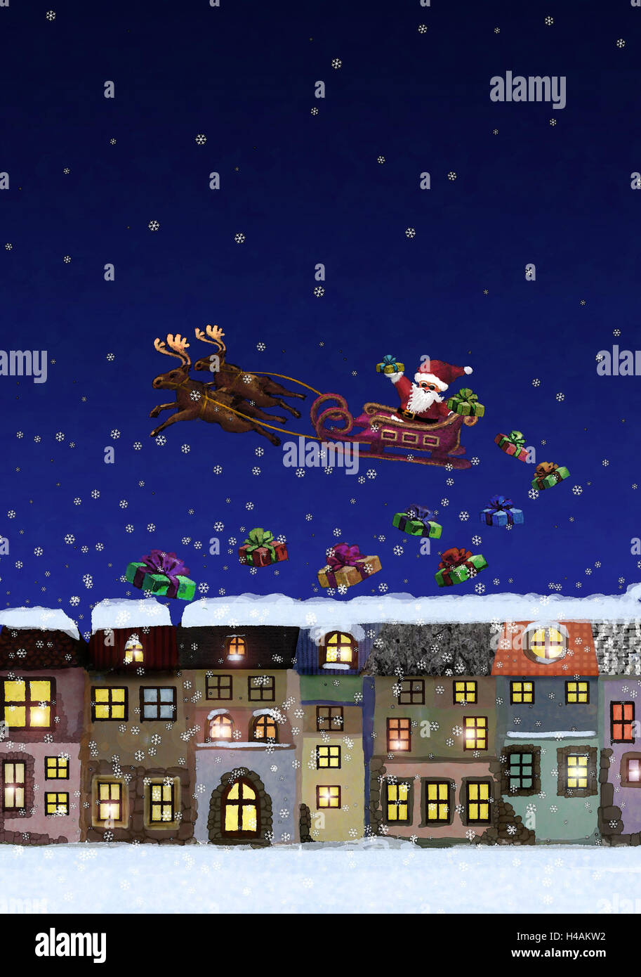 Illustration, houses, Santa, pensioner's slide, fly, Christmas presents ...