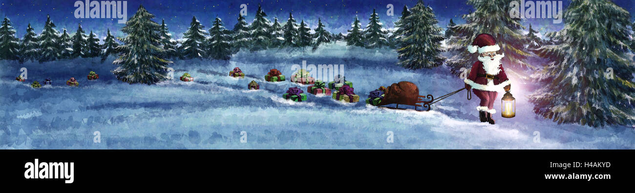 Illustration, wood, Santa, slide, drag, presents, lose, lantern ...