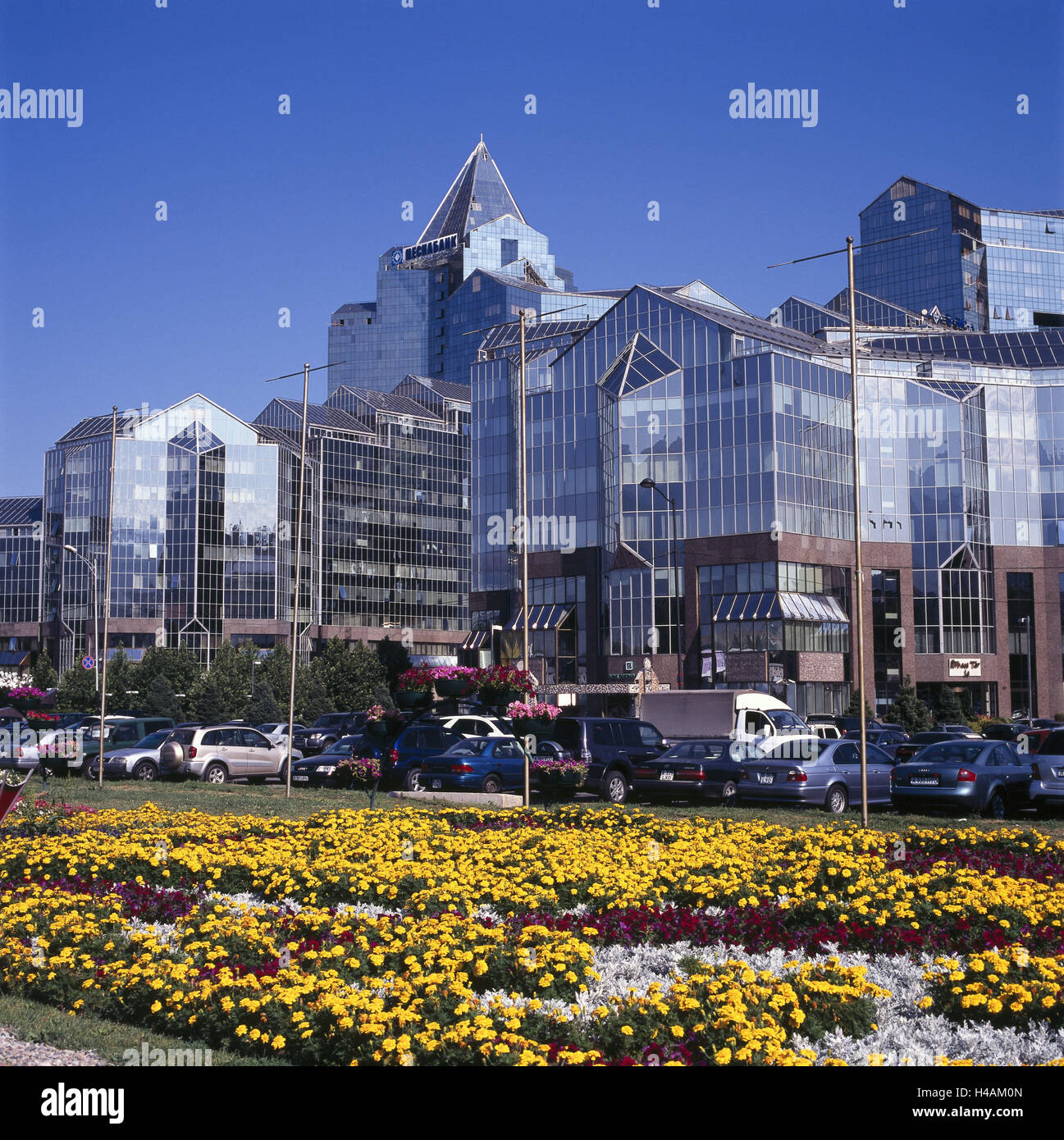 Kazakhstan, Almaty, bank, outside, building, facade, glass front ...