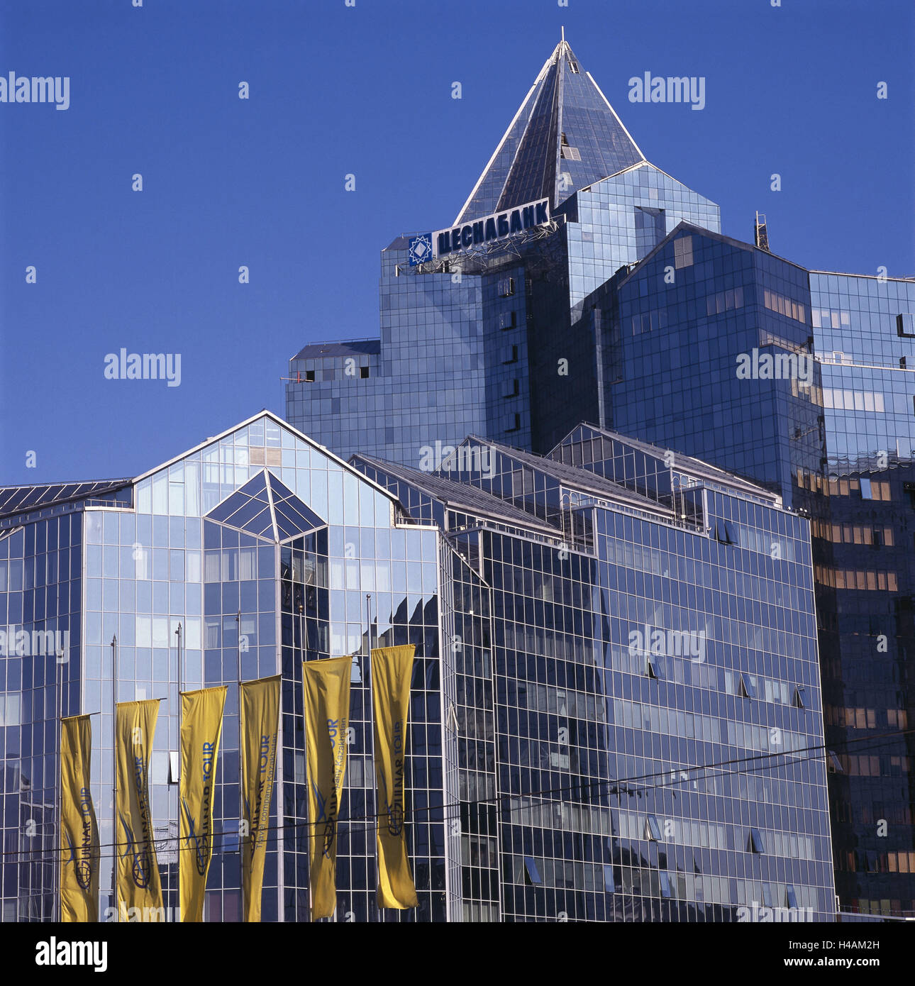 Kazakhstan, Almaty, bank, outside, building, facade, glass front ...