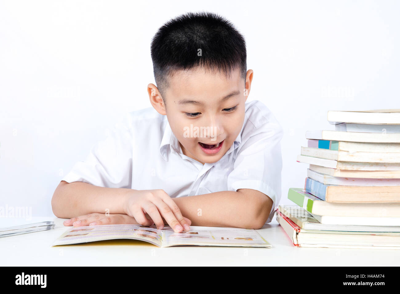 Surprise Asian Chinese Little Boy Wearing Student Uniform Reading ...