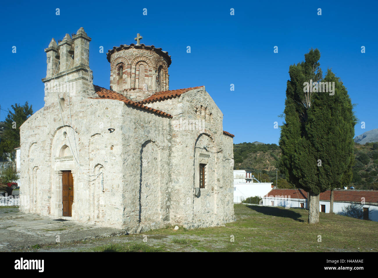 Greece, Crete, southwest, Lampini with Spili, Byzantine church from the ...
