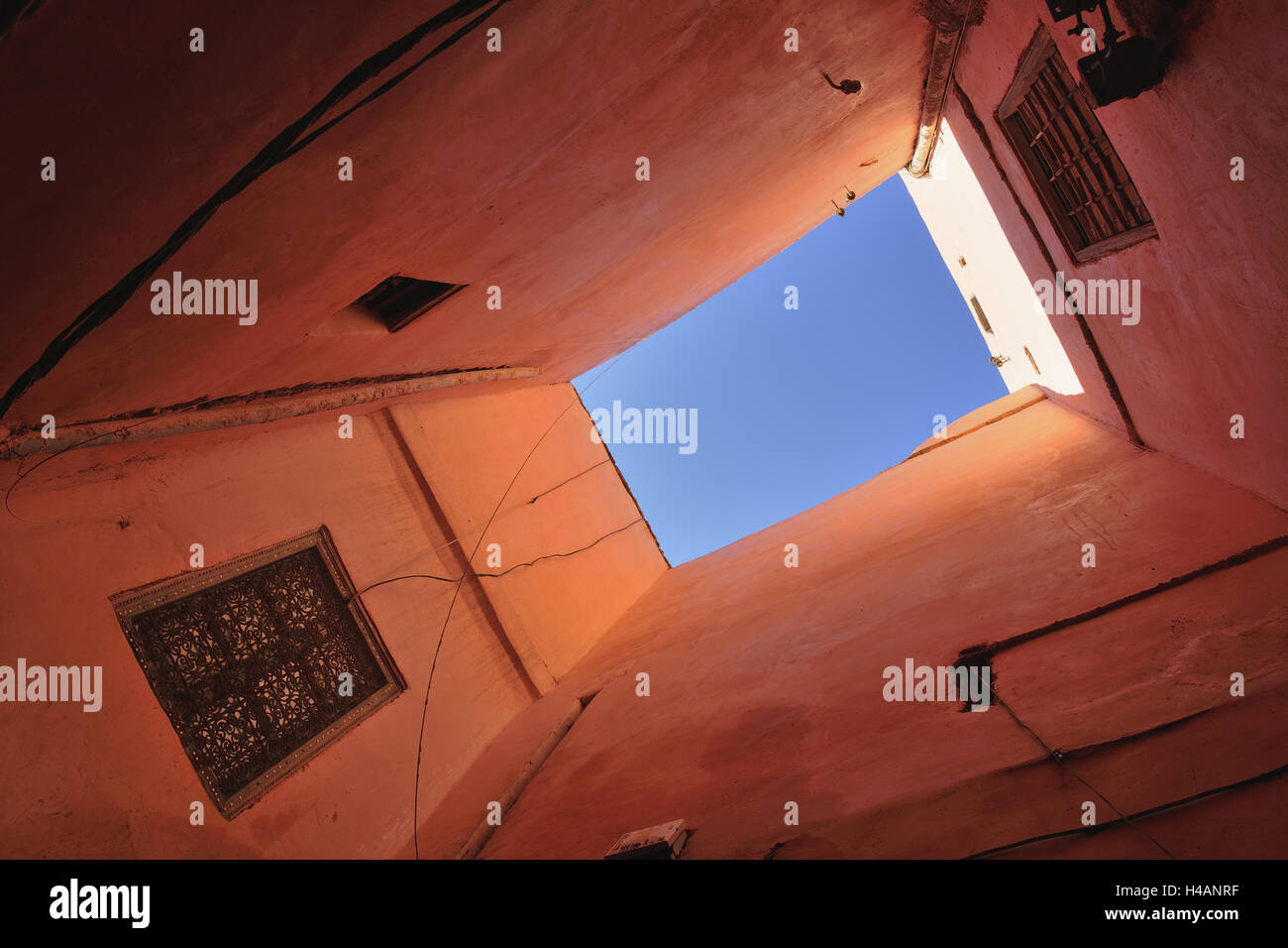 View of a court in the historical Old Town, Marrakech, Morocco Stock ...