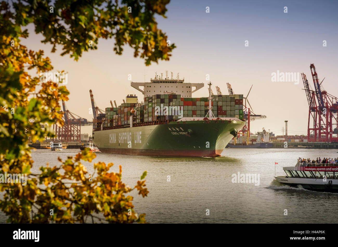 Germany, Hamburg, harbour, Elbe, Elbe shore, container ship Stock Photo ...