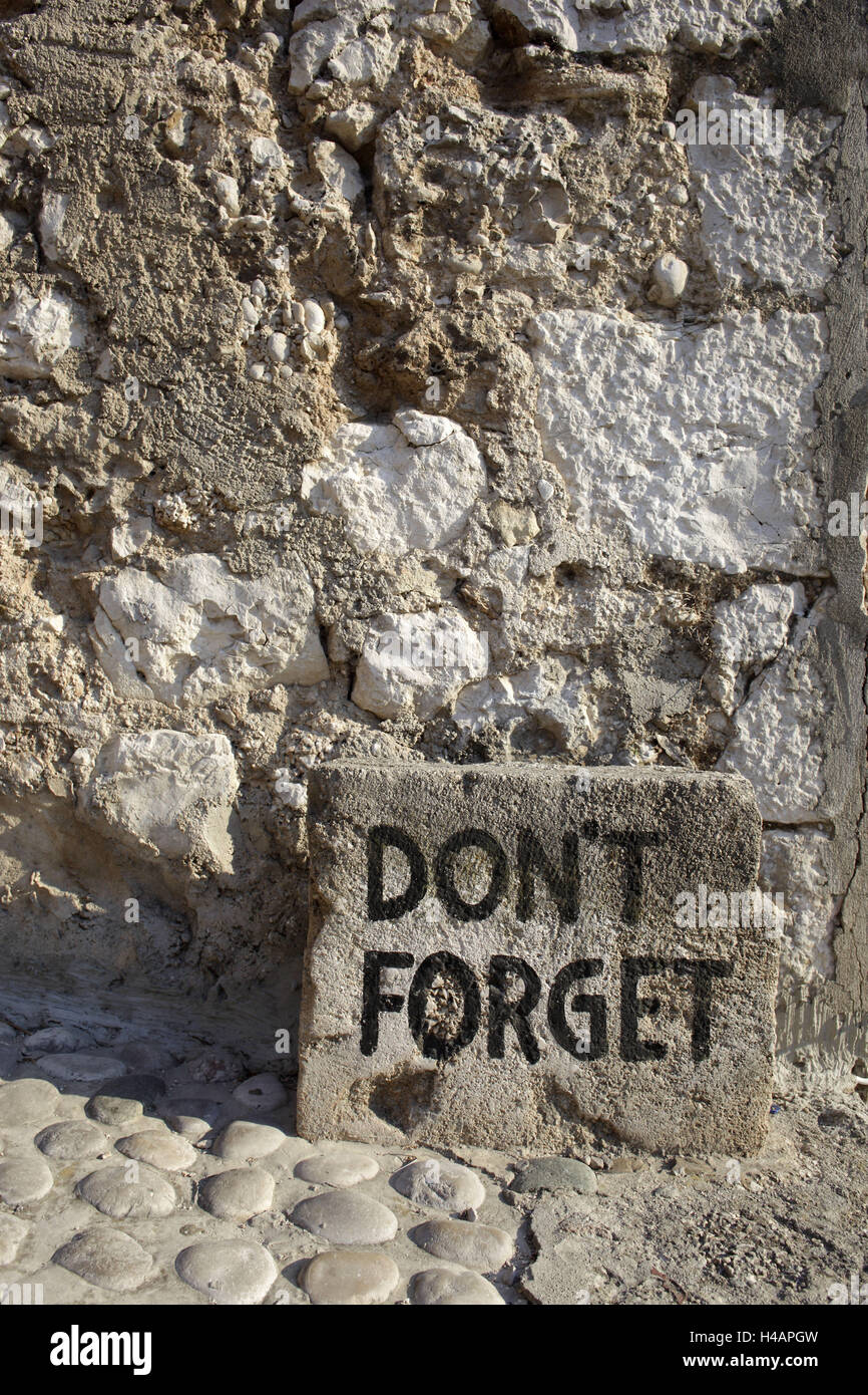 Europe, Bosnia-Herzegovina, Mostar, stone wall, sign, Don't Forget ...