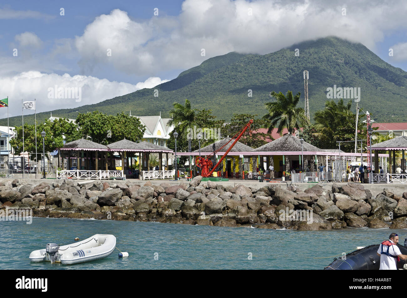 Nevis, Charlestown, harbour and volcano summit 'Nevis Peak' Stock Photo ...
