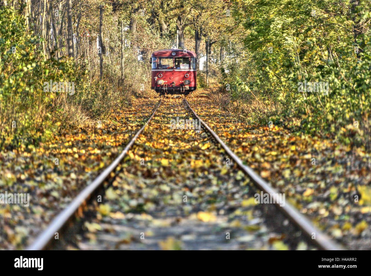 Railroad line, motor coach recedes into the distance, track, fall ...