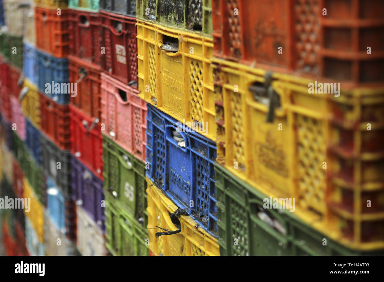 Africa, Morocco, Essaouira, harbor, stacks of colored boxes with fresh ...