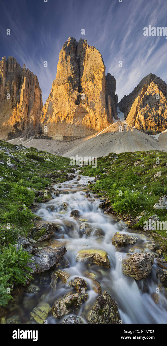 Tre Cime di Lavaredo (Three merlons), north faces, brook, alp, South ...