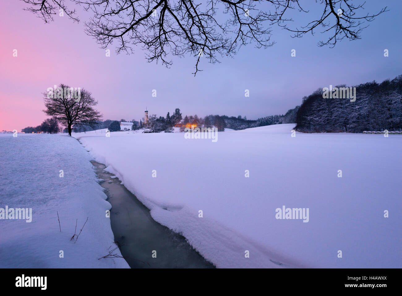 Germany, Bavaria, Augsburg, Siebnach, church, brook, frozen, winter ...