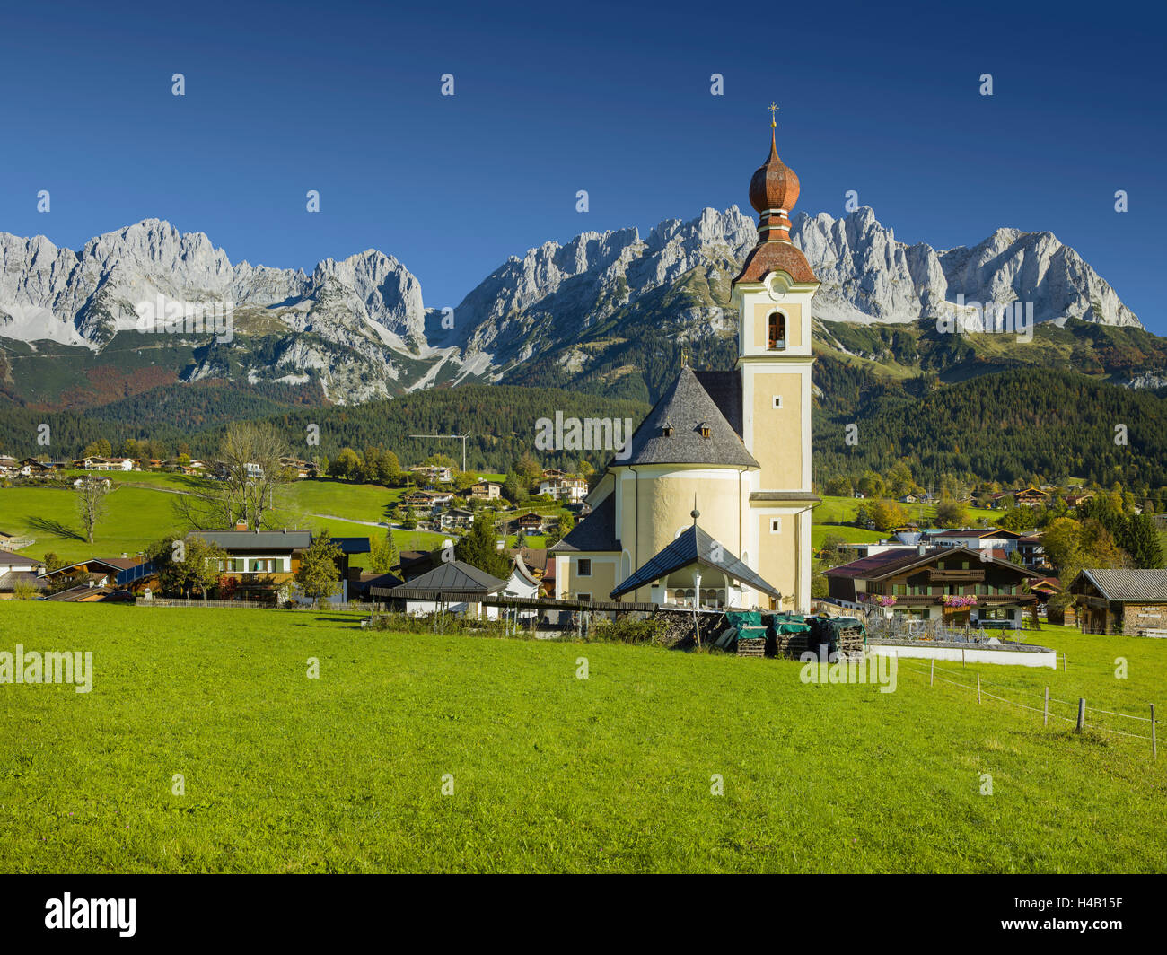Church in Going, Wilder Kaiser (Wild Kaisr mountain), Tyrol, Austria ...
