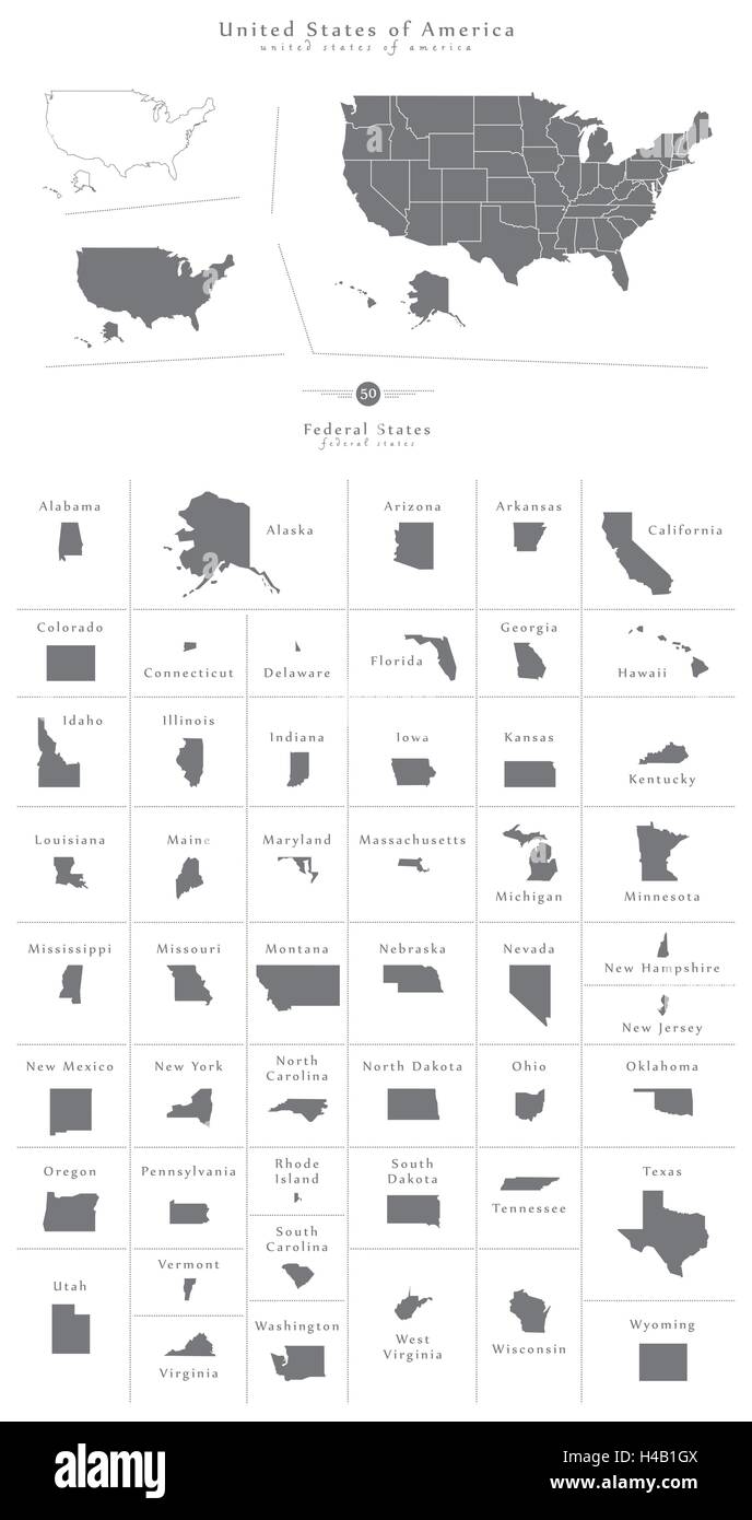 The entire country and federal states map set of the USA in grey Stock ...