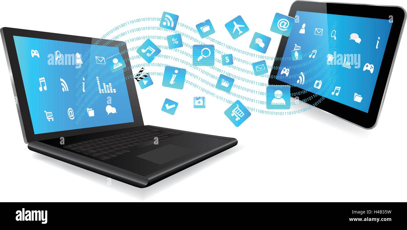 Application coming out of laptop and from tablet on white background ...
