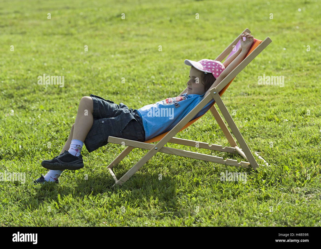 Garden, meadow, deck chairs, child, girl, cap, sleep, summer Stock ...