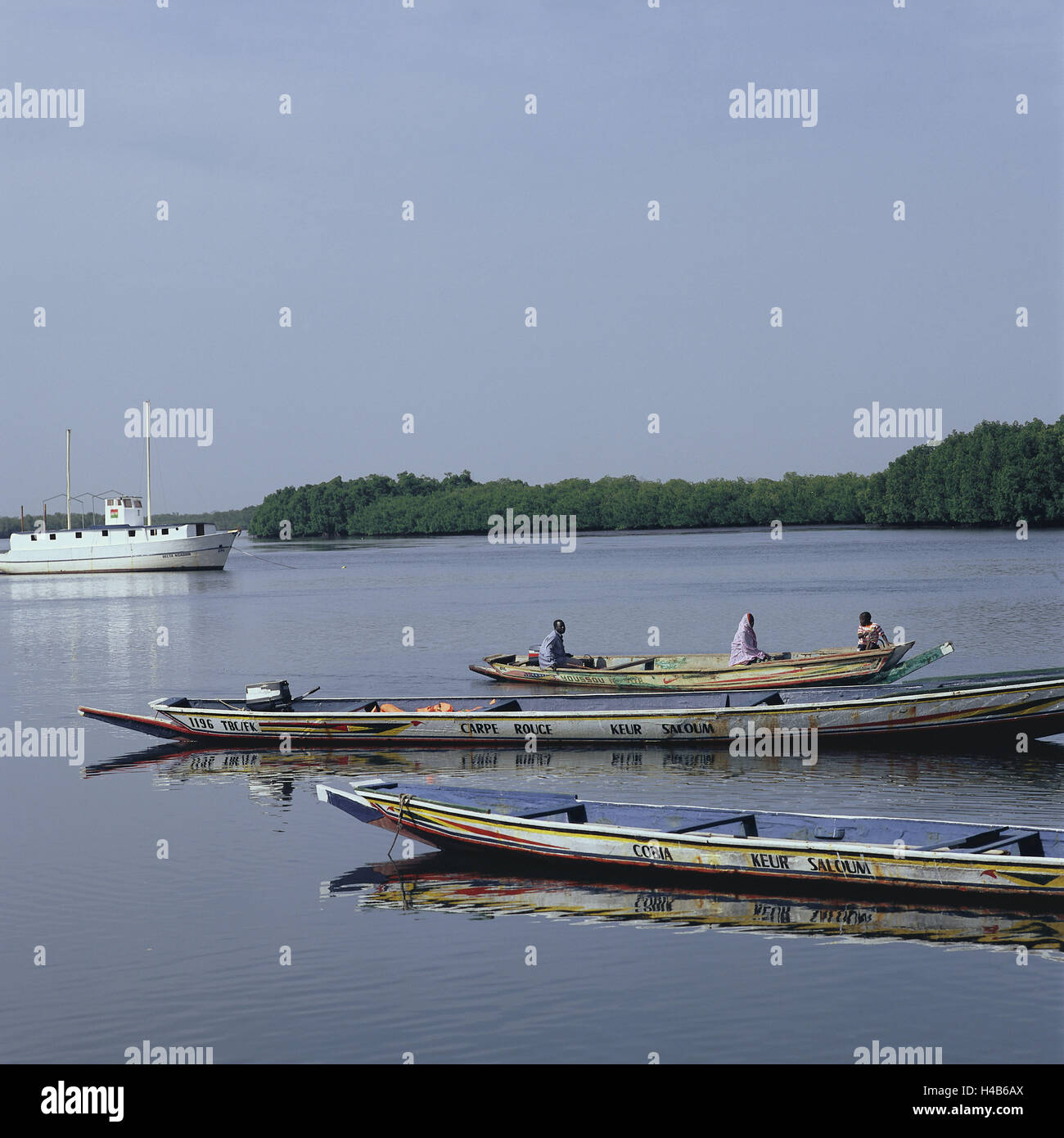 Senegal, Sine Saloum delta, Toubacouta, river Saloum, ship, Pirogen ...