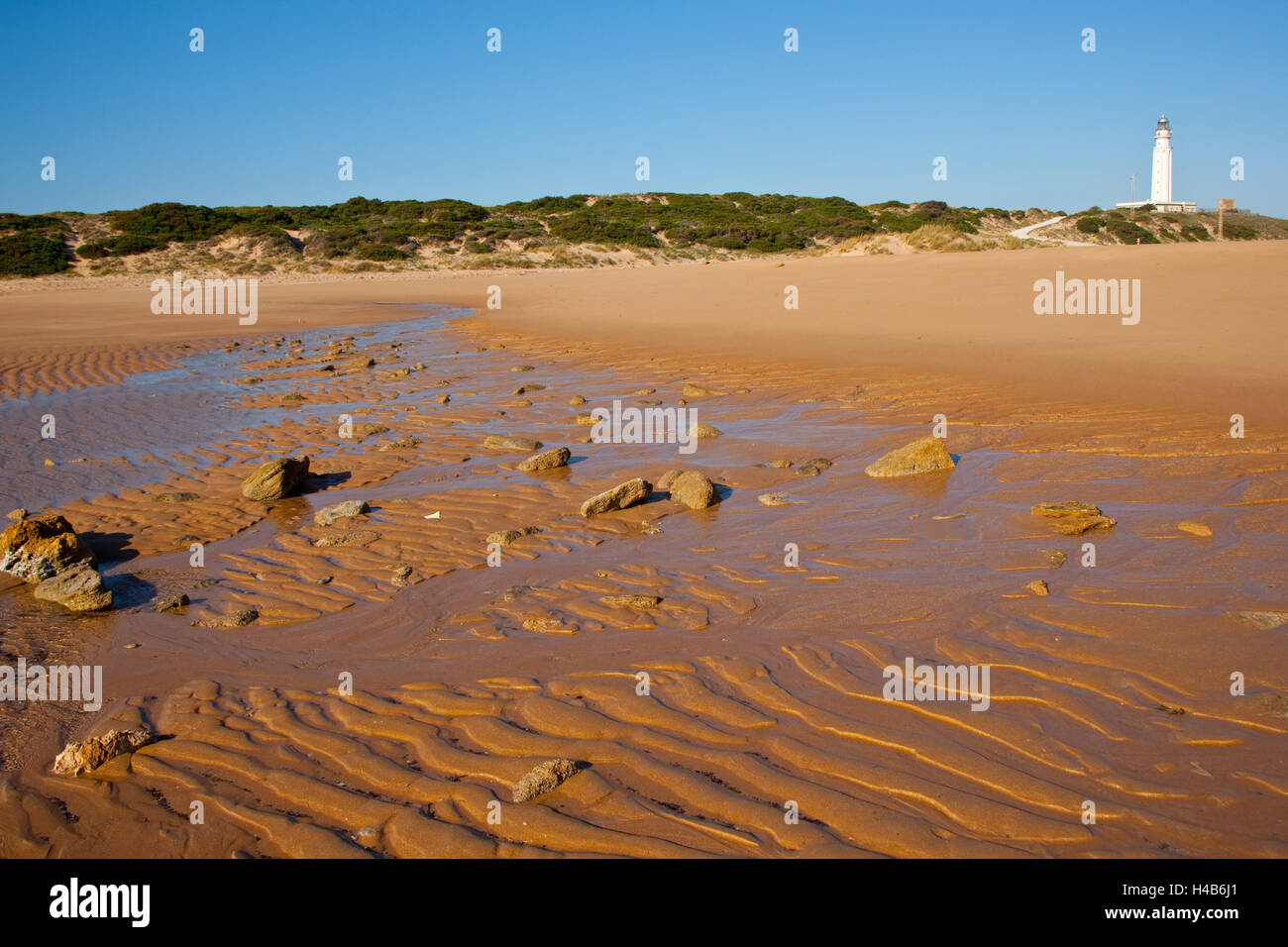 Trafalgar lighthouse on the coast of Cadiz, Andalusia, Spain Stock ...