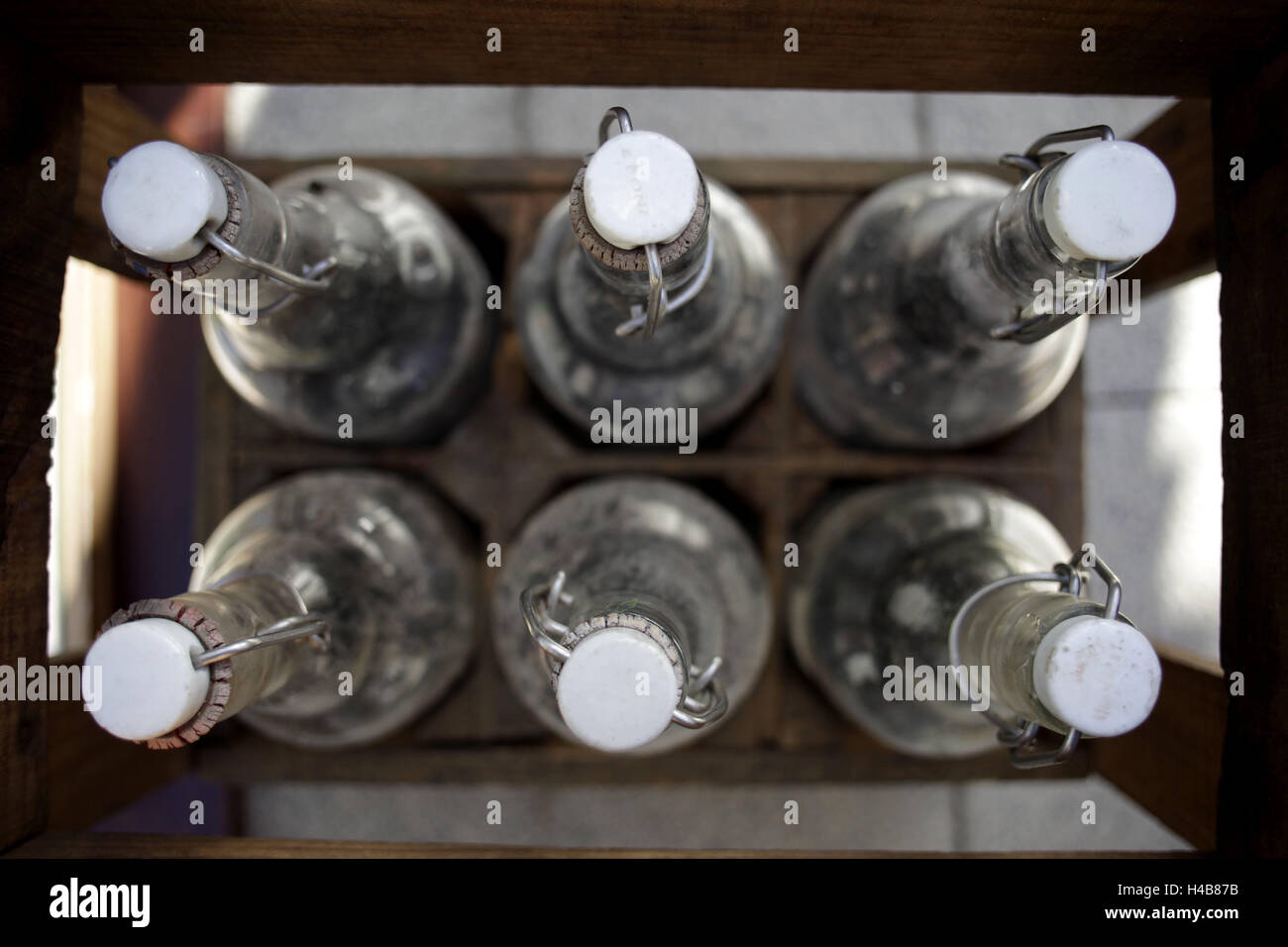 Cardboard with old flasks, top view Stock Photo - Alamy