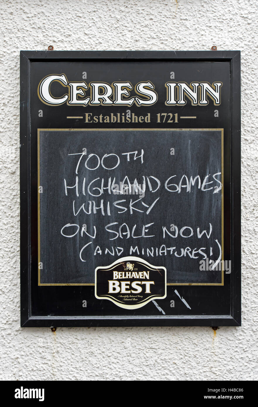 Restaurant sign displaying 700th Highland Games Whiskey, Ceres Inn ...