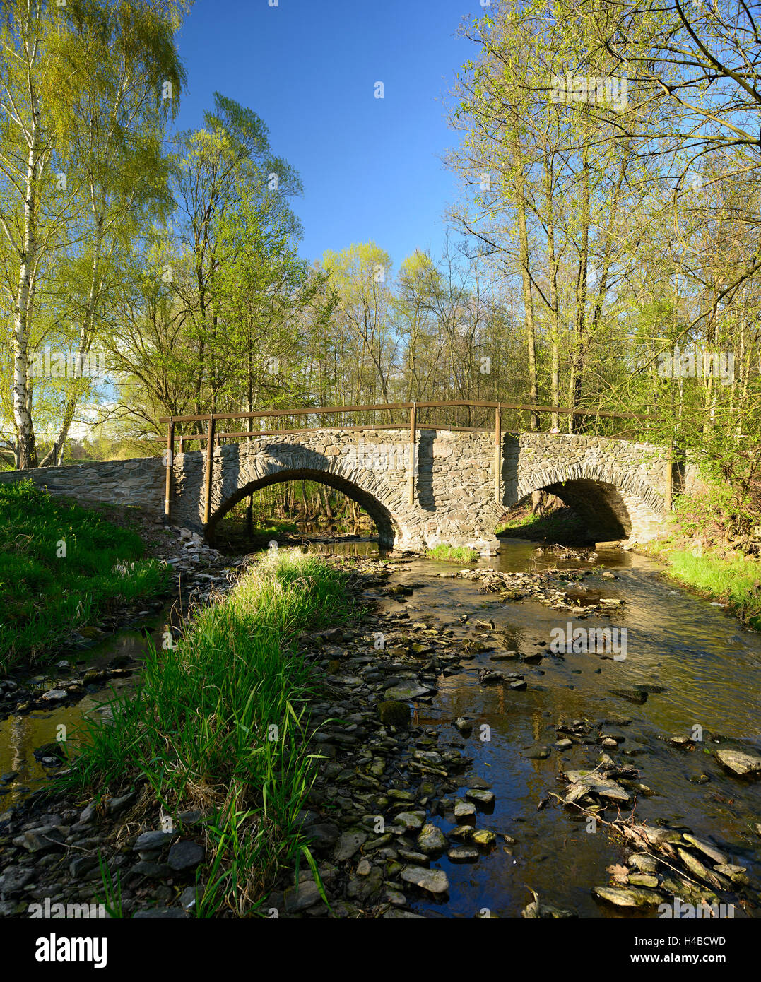 Germany, Thuringia, Weida, at Eisenhammer, old stone bridge over the ...