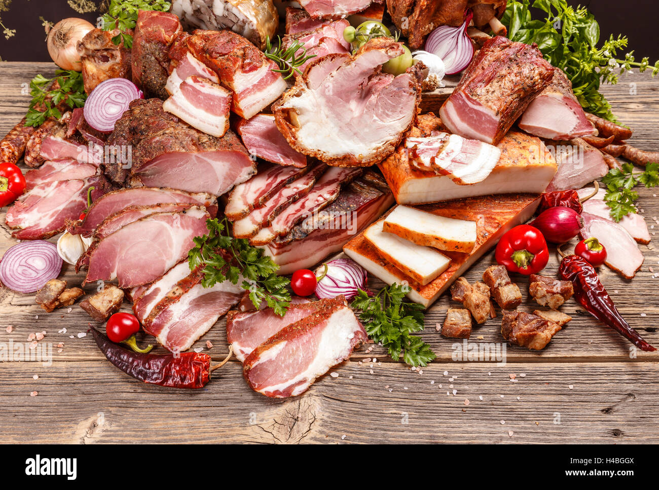 Smoked pork meat products composition Stock Photo - Alamy