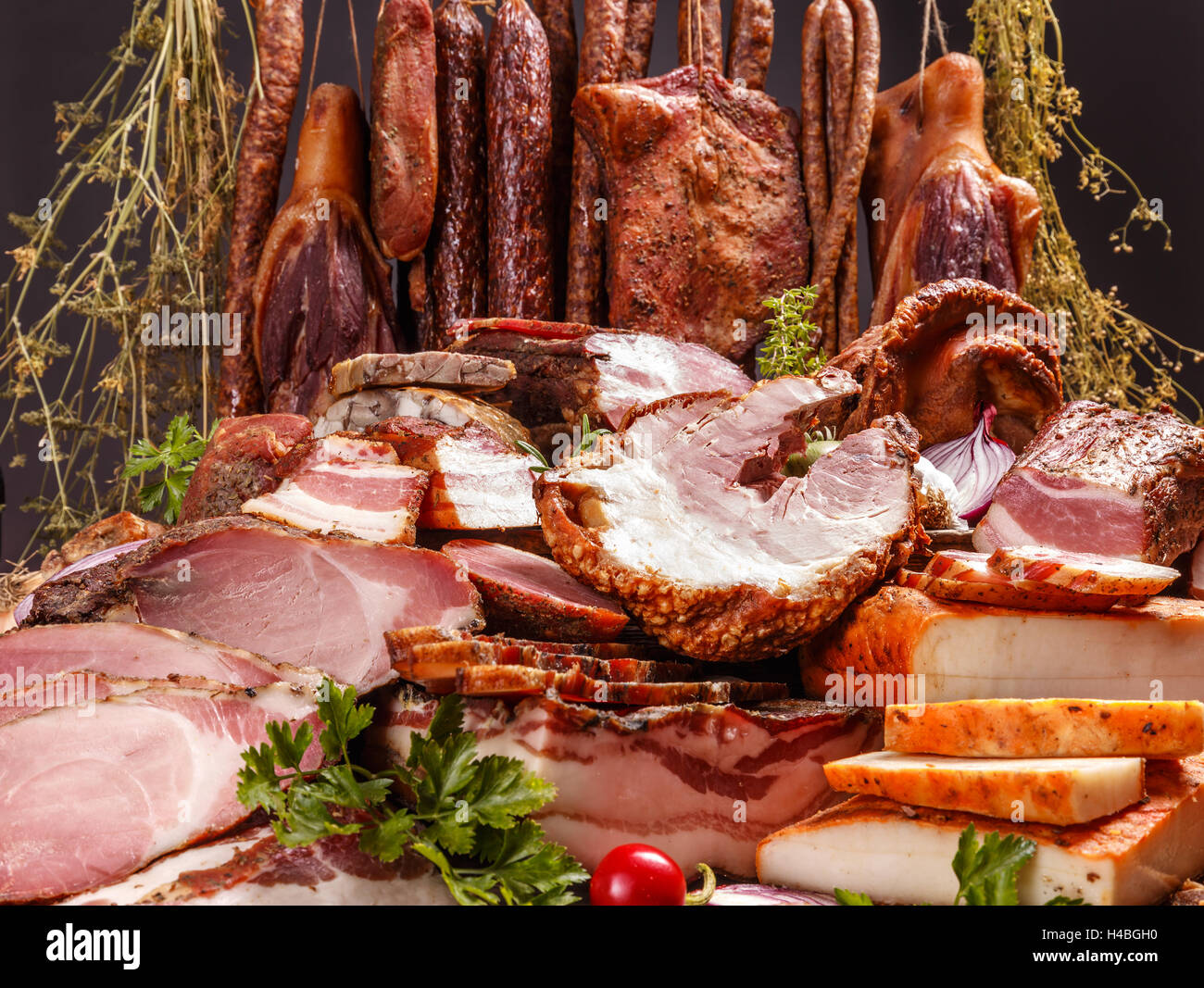 Still life of cold cuts, smoked pork meats Stock Photo - Alamy