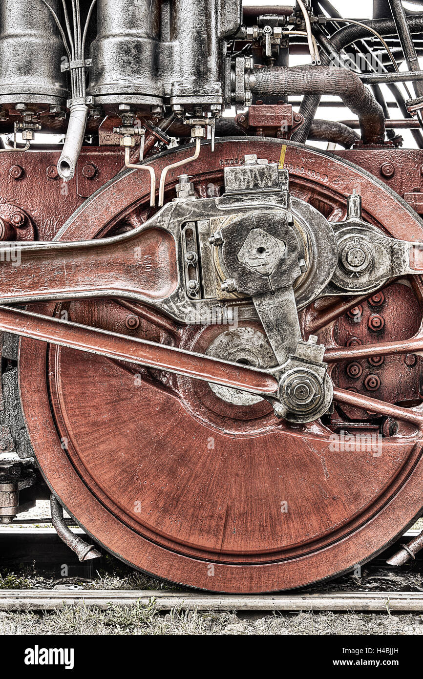 old steam locomotive, radian, spokes, sticks, screws, makes unfamiliar ...