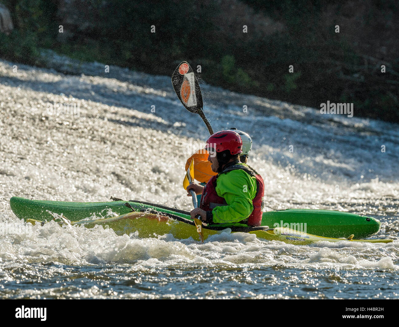 Two male adults White Water Kayaking along a River Exe Weir on a bright ...
