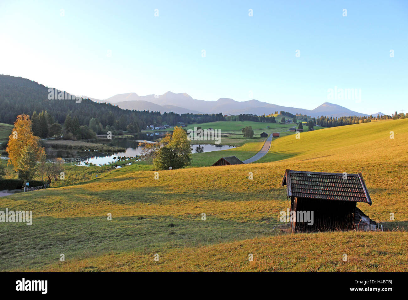 Germany, Bavaria, Mittenwald, Lake Schmalensee, hump meadows Stock ...
