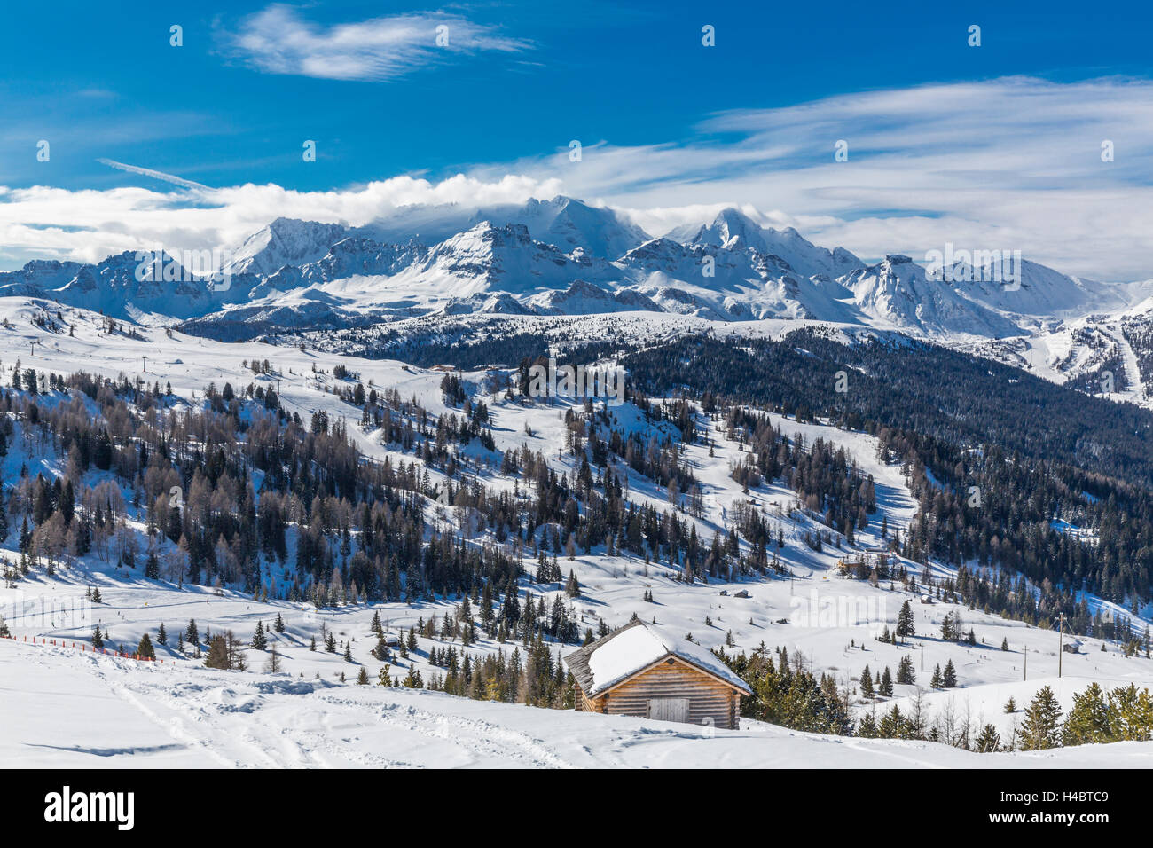 Ski region Alta Badia, in the background the glacier Marmolada, 3342 m ...