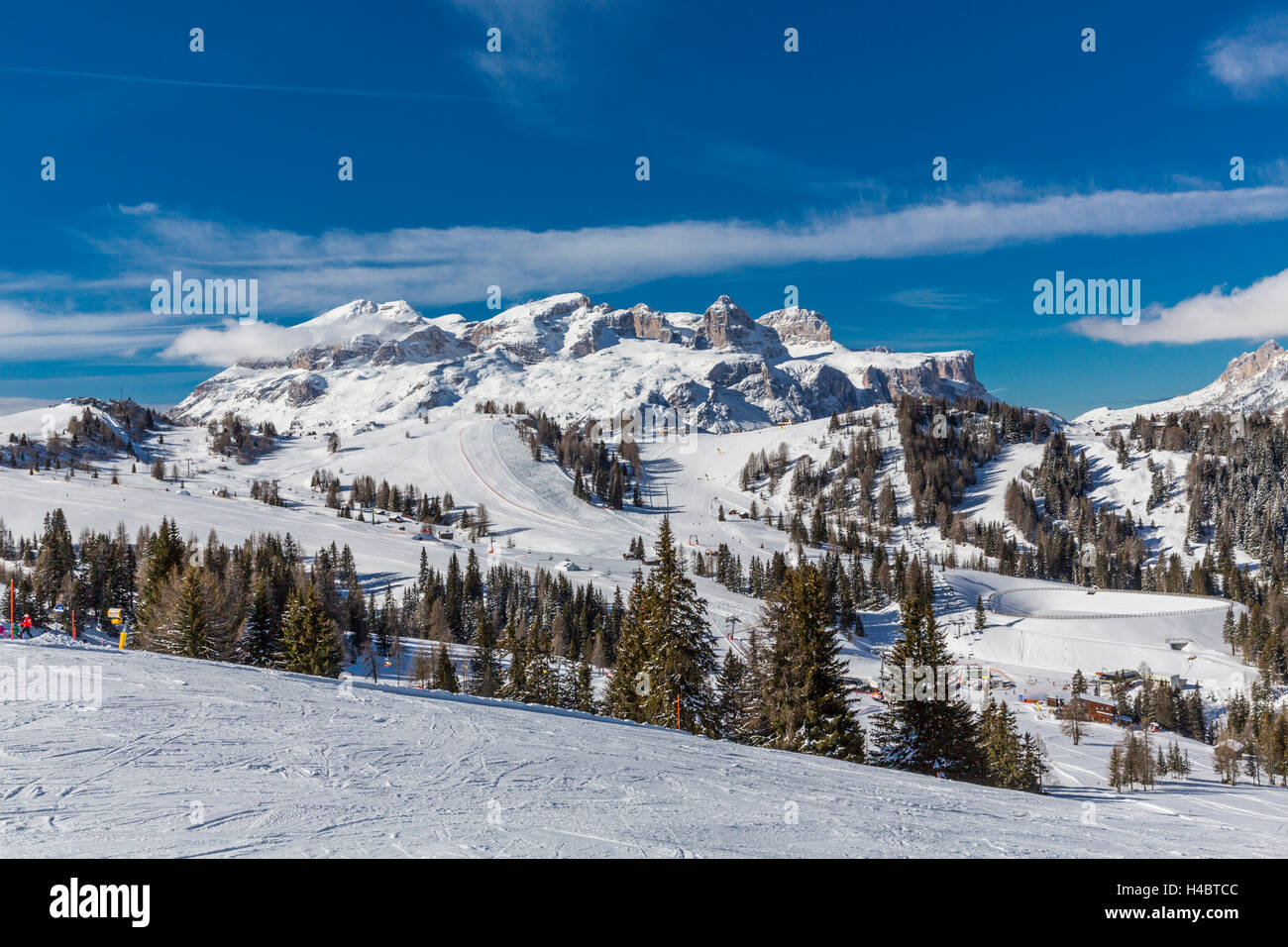 Ski region Alta Badia, in the background the Sella group, South Tyrol ...