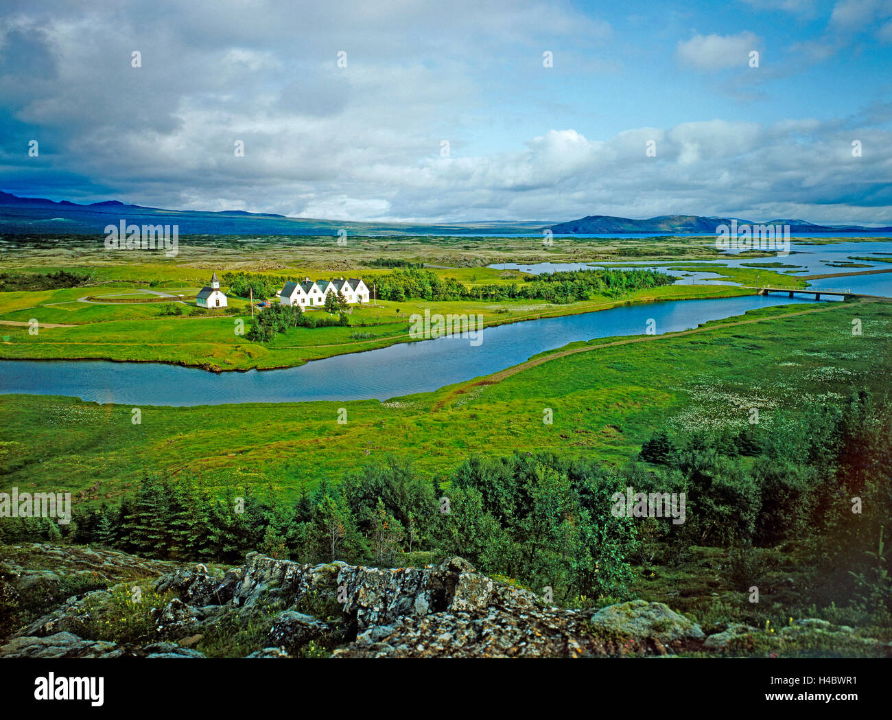 Almannagja, national park Thingvellir, lake Thingvallavatn, river ...