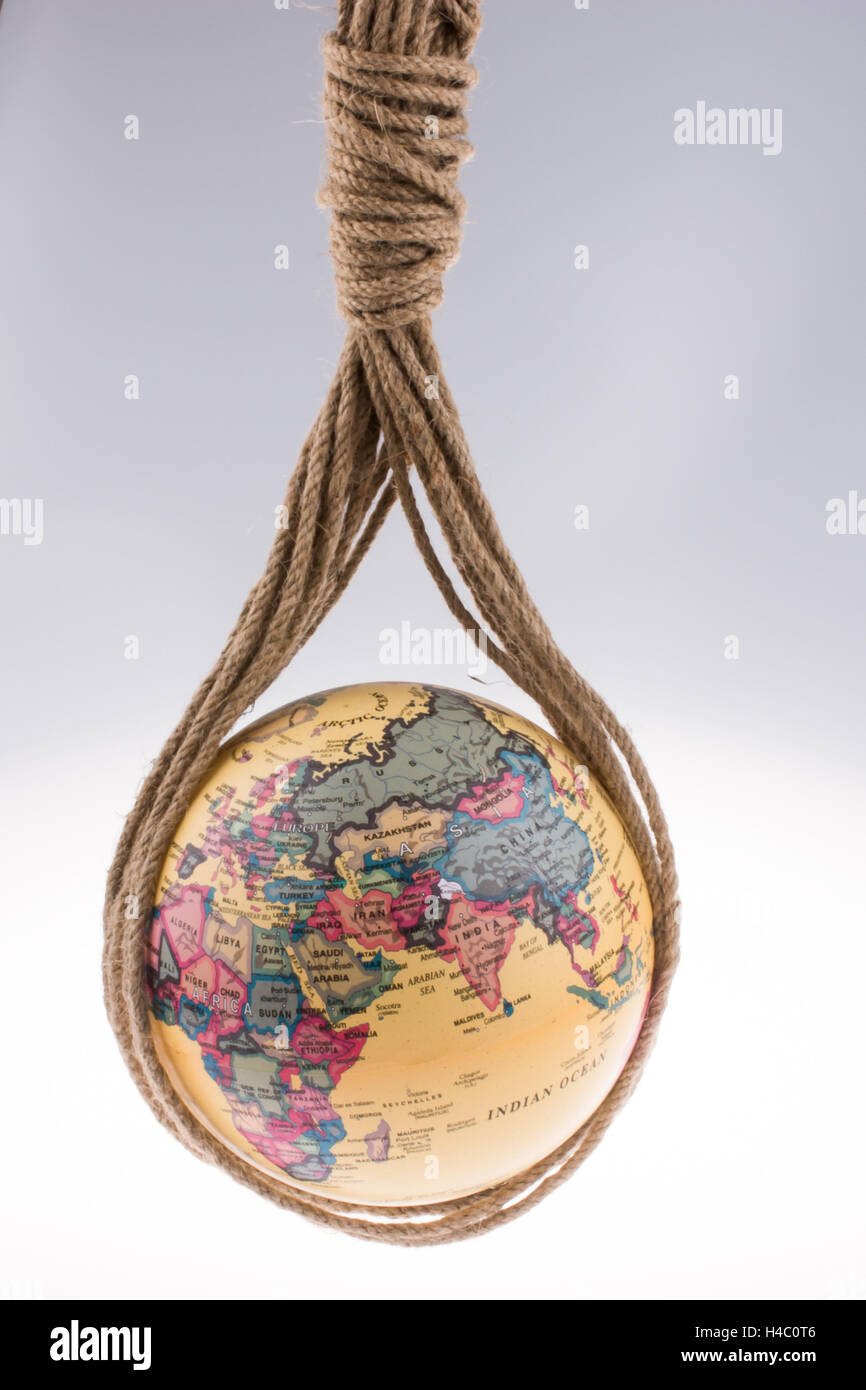 globe hanging in rope on white background Stock Photo - Alamy