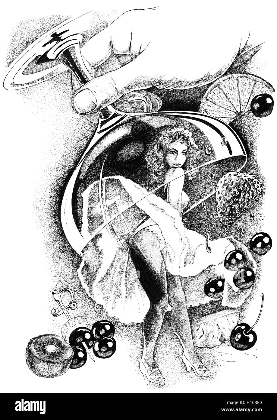 Fruit illustration glass Black and White Stock Photos & Images - Alamy