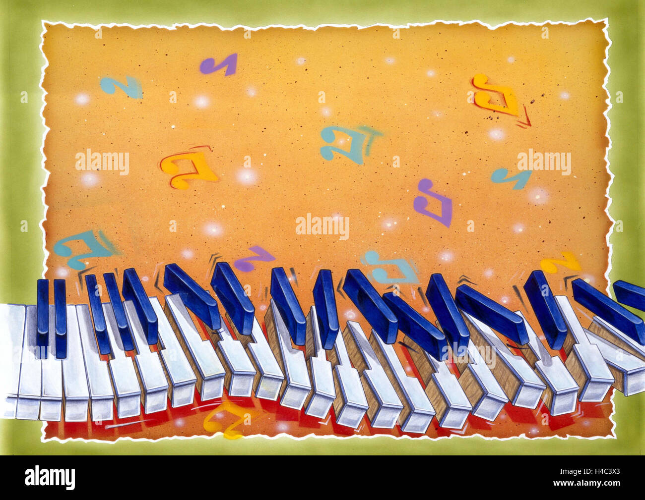 Piano keys on coloured sheet music background Stock Photo - Alamy