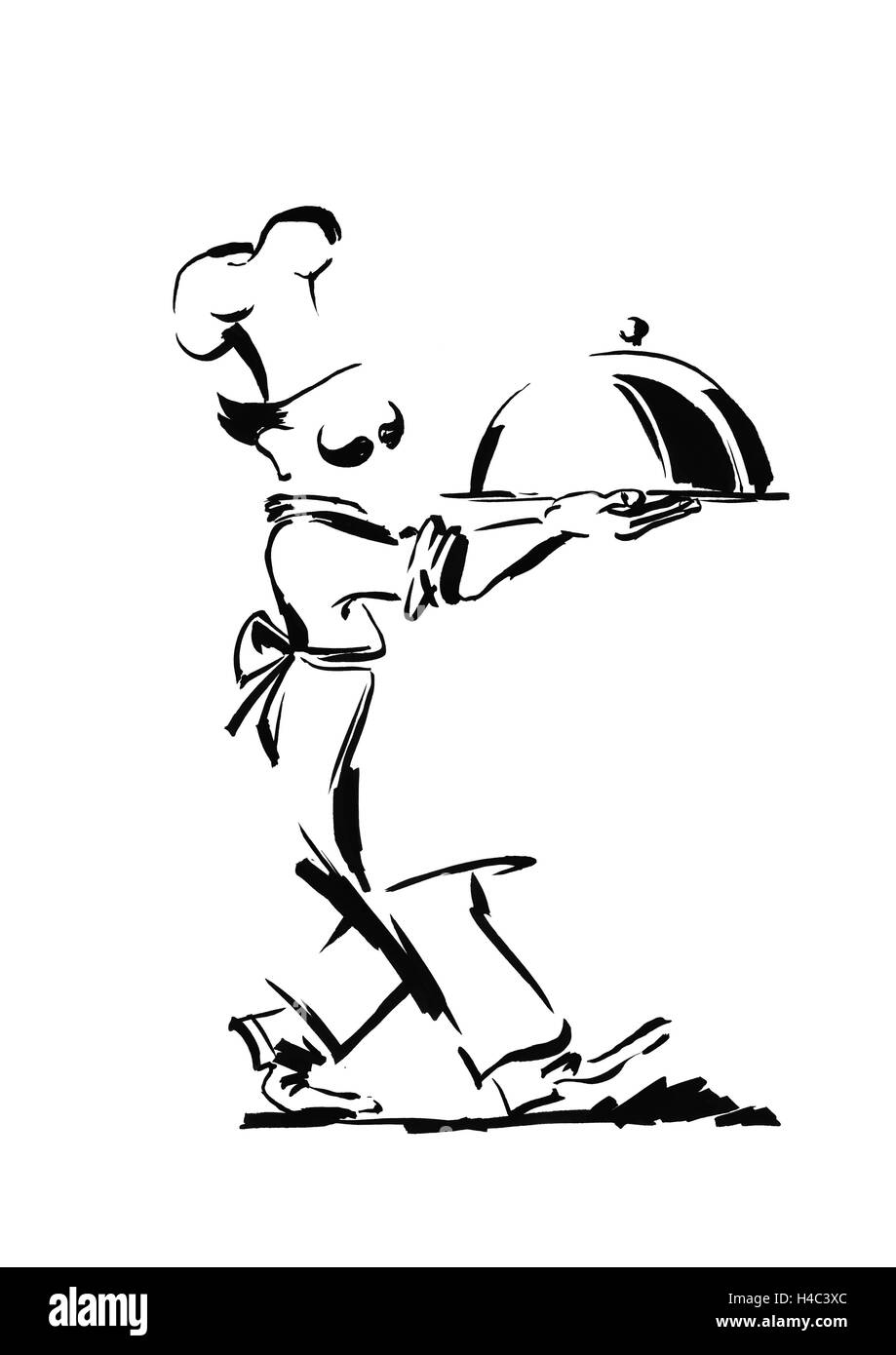 Cook serving meal with cloche Stock Photo - Alamy