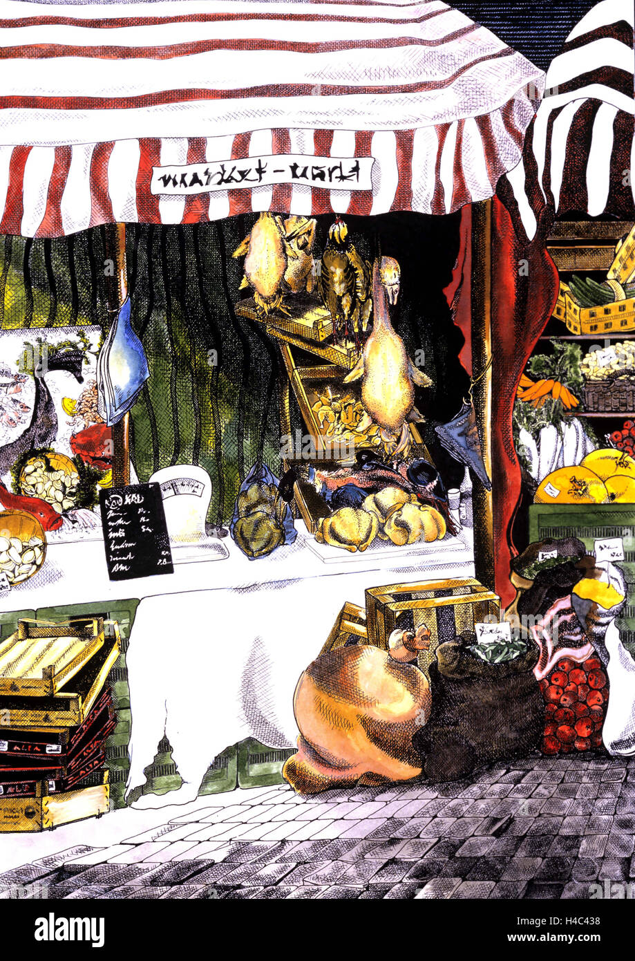 Market stall with poultry, fruit and vegetables Stock Photo - Alamy